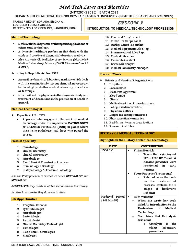 Med Tech Laws and Bioethics Overview | PDF | Medical Laboratory | Medicine