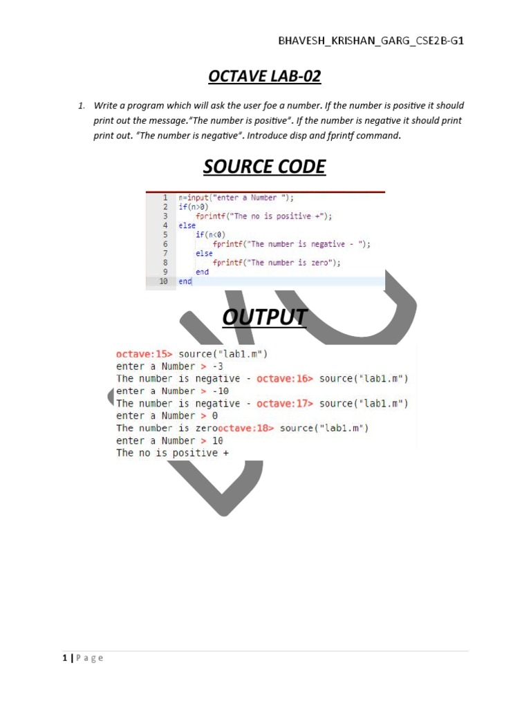Bhavesh Krishan Garg Cse2b-G1 (Octave Lab-02) | PDF | Computer Science | Computing