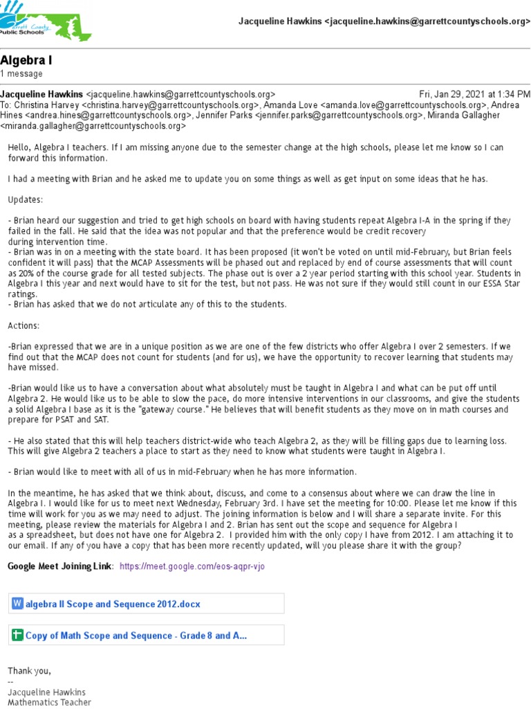 Garrett County Public Schools Mail - Algebra I | PDF | Teaching | Pedagogy