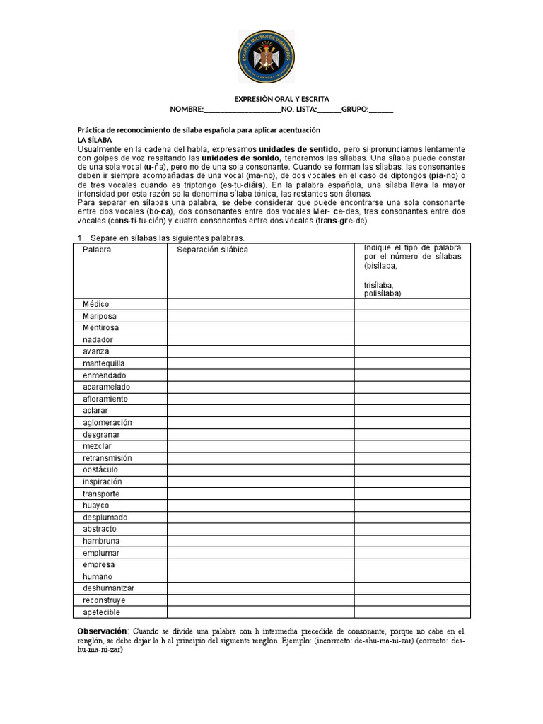 Ejercicios de Separacion Silabica - 1ob | PDF | Sílaba | Vocal