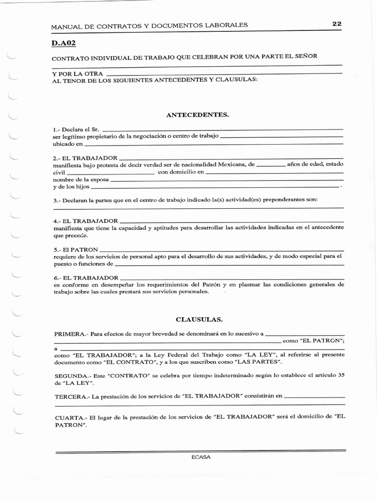 Manual de Contratos y Documentos Laborales Hoja 22 A La 32 Formatos de ...