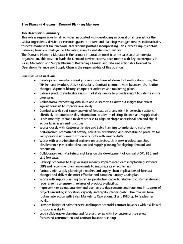 Job Description - Demand Planning Manager - Blue Diamond Growers | PDF ...