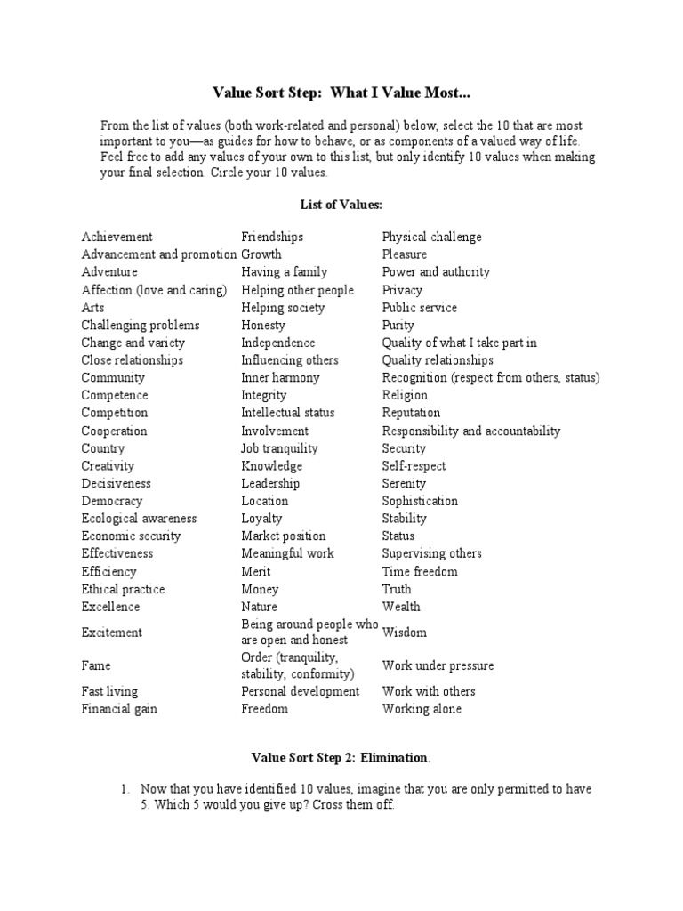 Value Sort Step: What I Value Most... : List of Values | PDF | Value ...