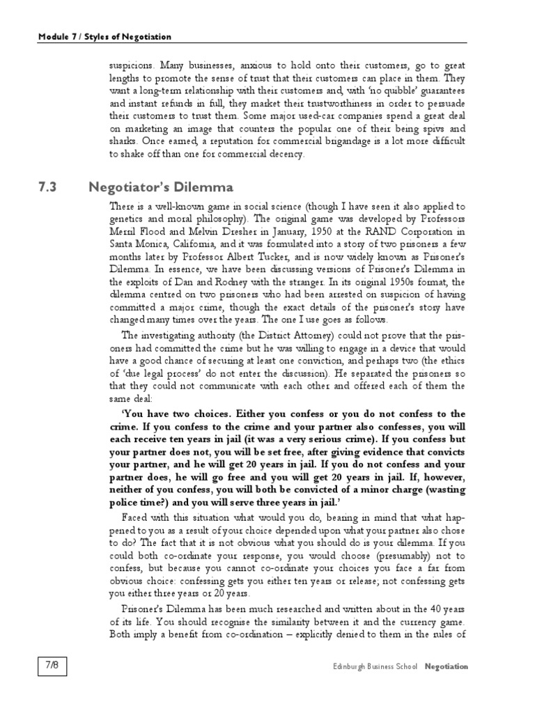 7.3 Negotiator's Dilemma: Module 7 / Styles of Negotiation | PDF ...
