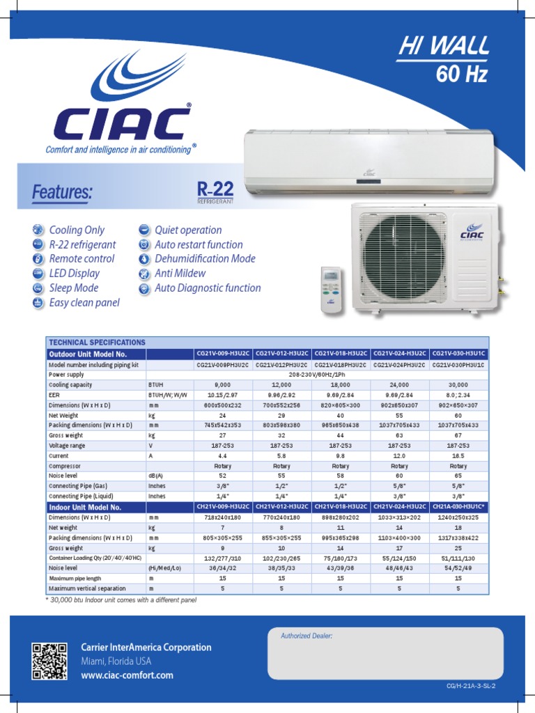 Ficha Tecnica Ciac Hi Wall 60 HZ R-22 | PDF | Heating, Ventilating, And ...