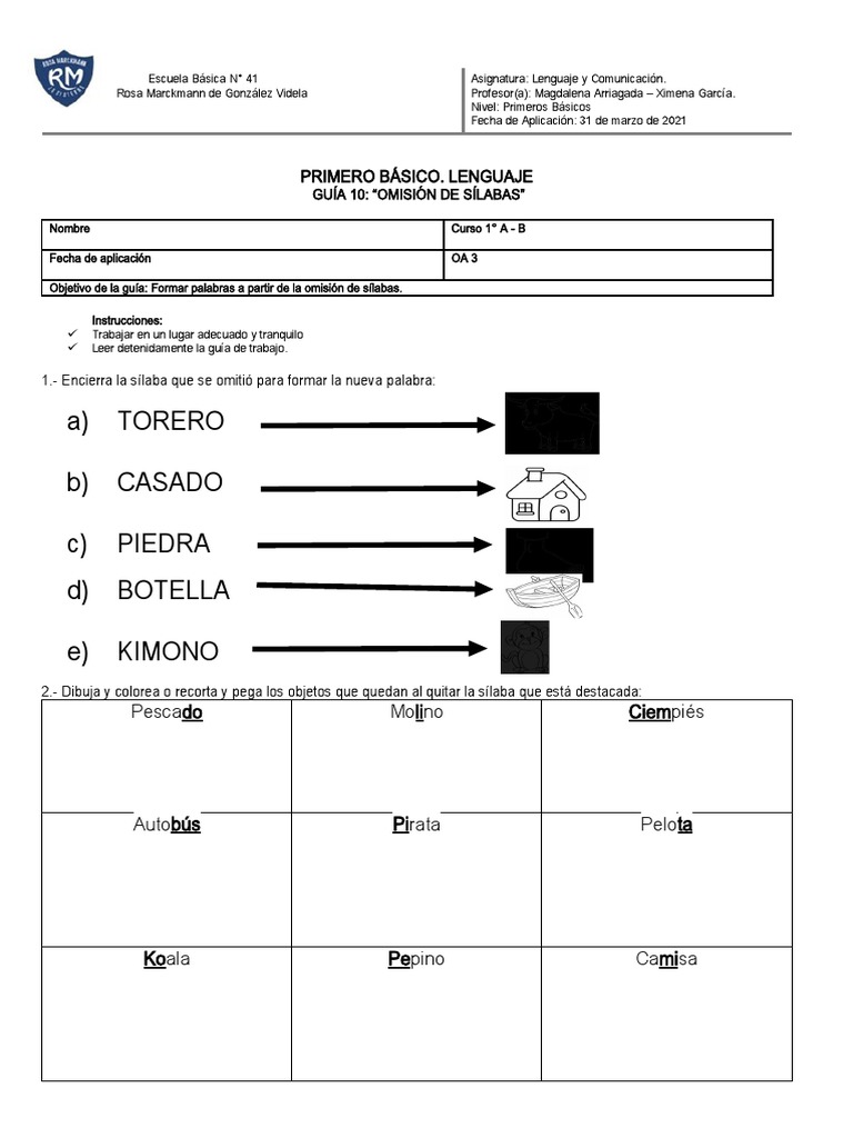 Guía 10 de Lenguaje Omisión de Sílabas | PDF