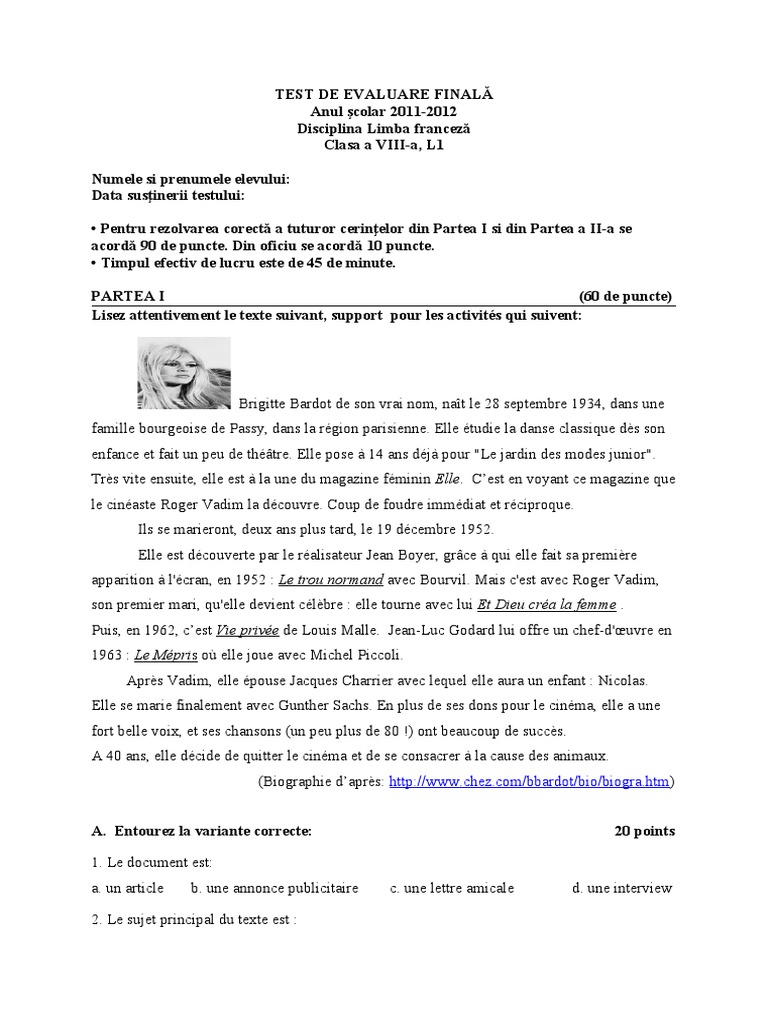 Test de Evaluare Finala Cls.8 l1 | PDF