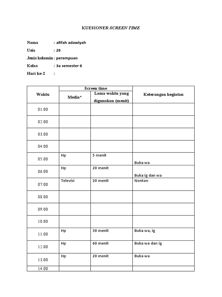 KUESIONER SCREEN TIME 2 Afifah | PDF