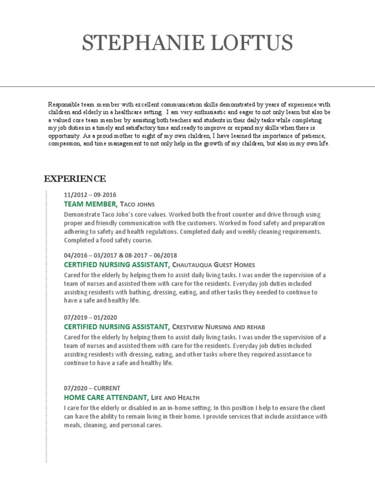 Stephanie Loftus: Experience | PDF | Child Care | Relationships