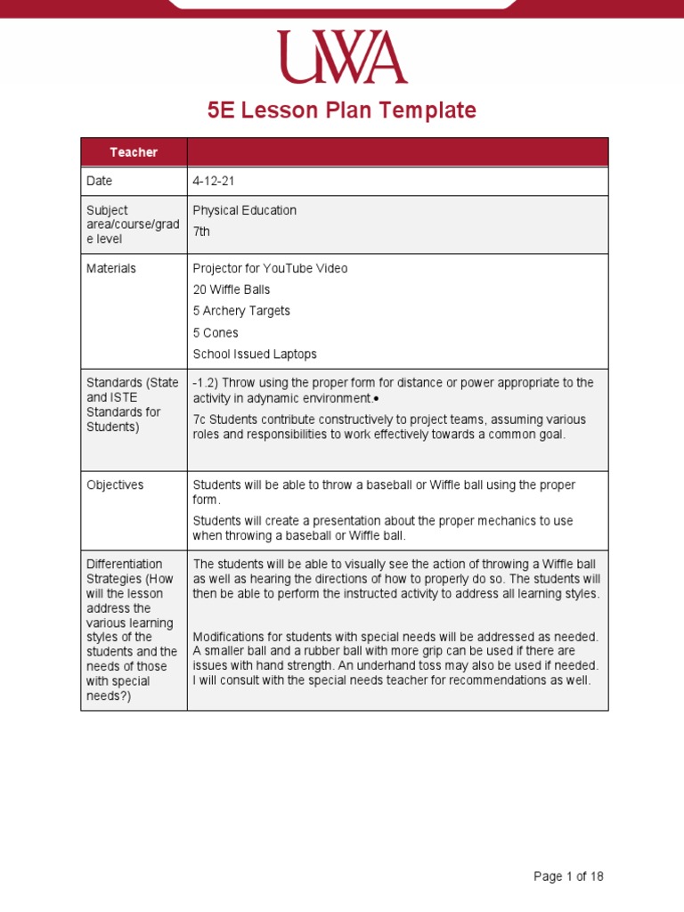 Moore 5E Lesson Plan Template | PDF | Softball | Lesson Plan