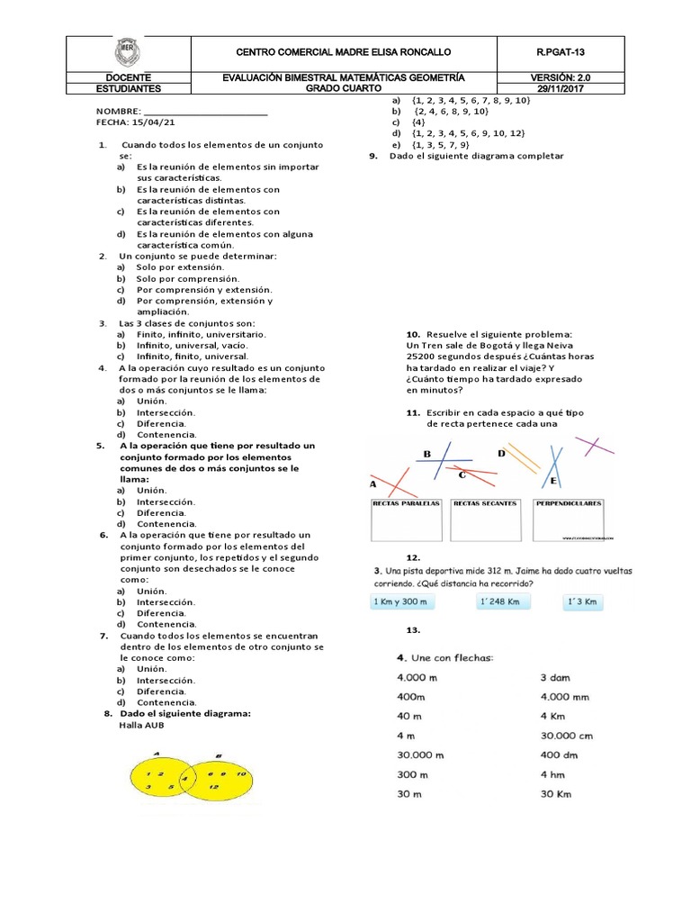 Bimestral de Matemáticas 4 I Periodo | PDF | Conjunto (Matemáticas ...