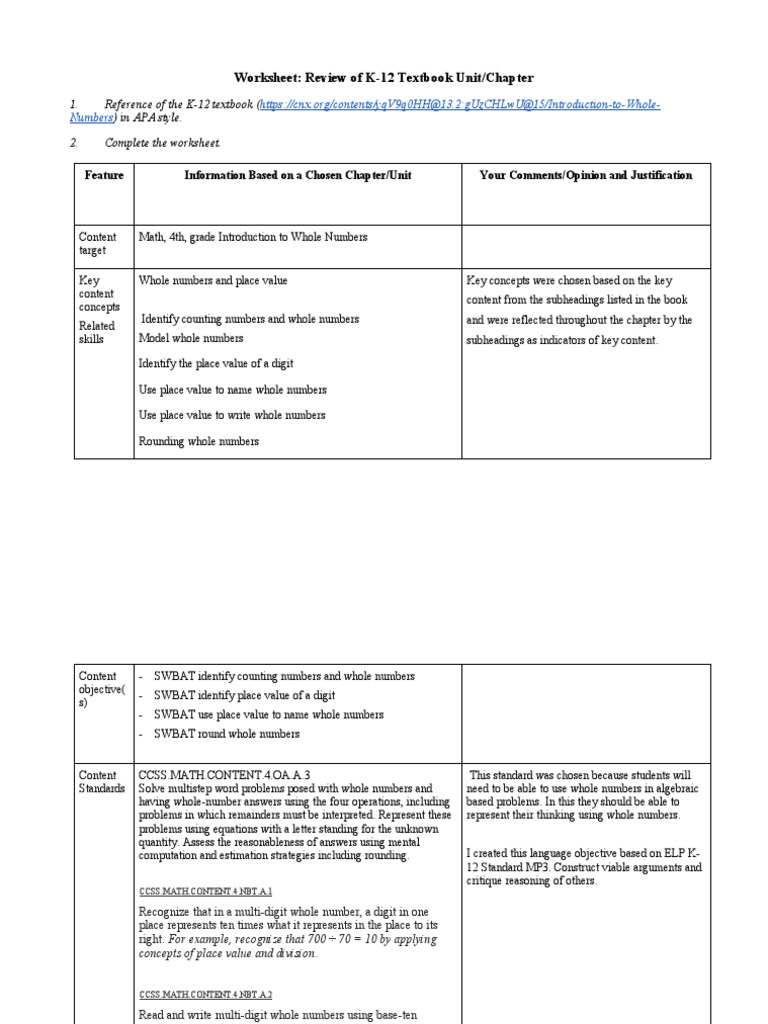 Worksheet Review of k-12 Textbook Unit Chapter 1 | PDF | Numbers ...