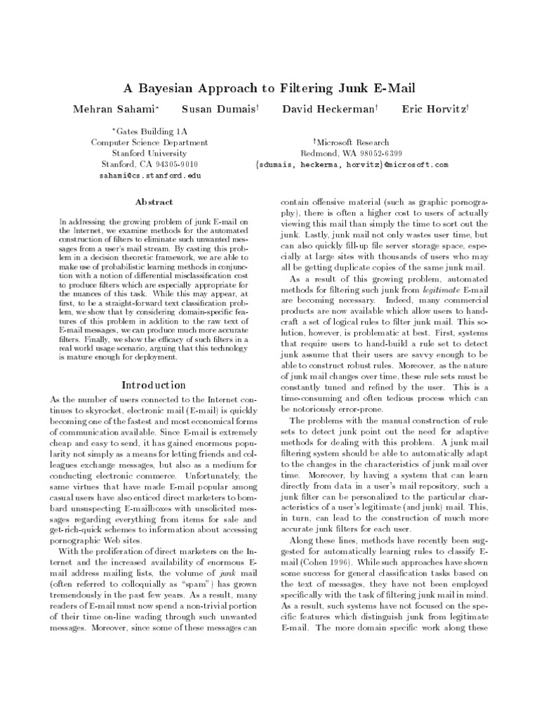 A Bayesian Approach To Filtering Junk E Mail | PDF | Bayesian Network ...