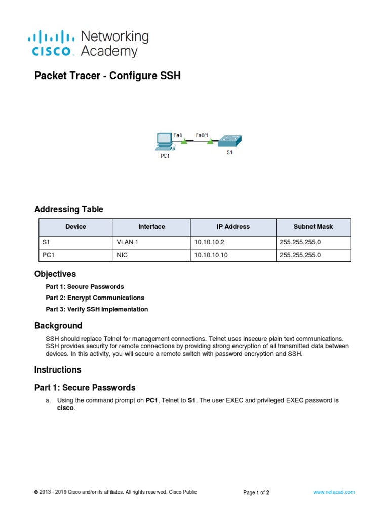 Packet Tracer - Configure SSH: Addressing Table | Download Free PDF ...