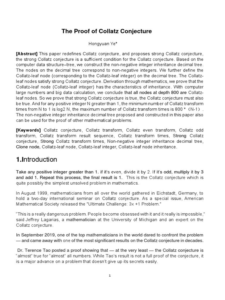 The Proof of Collatz Conjecture: Ntroduction | PDF | Conjecture | Numbers