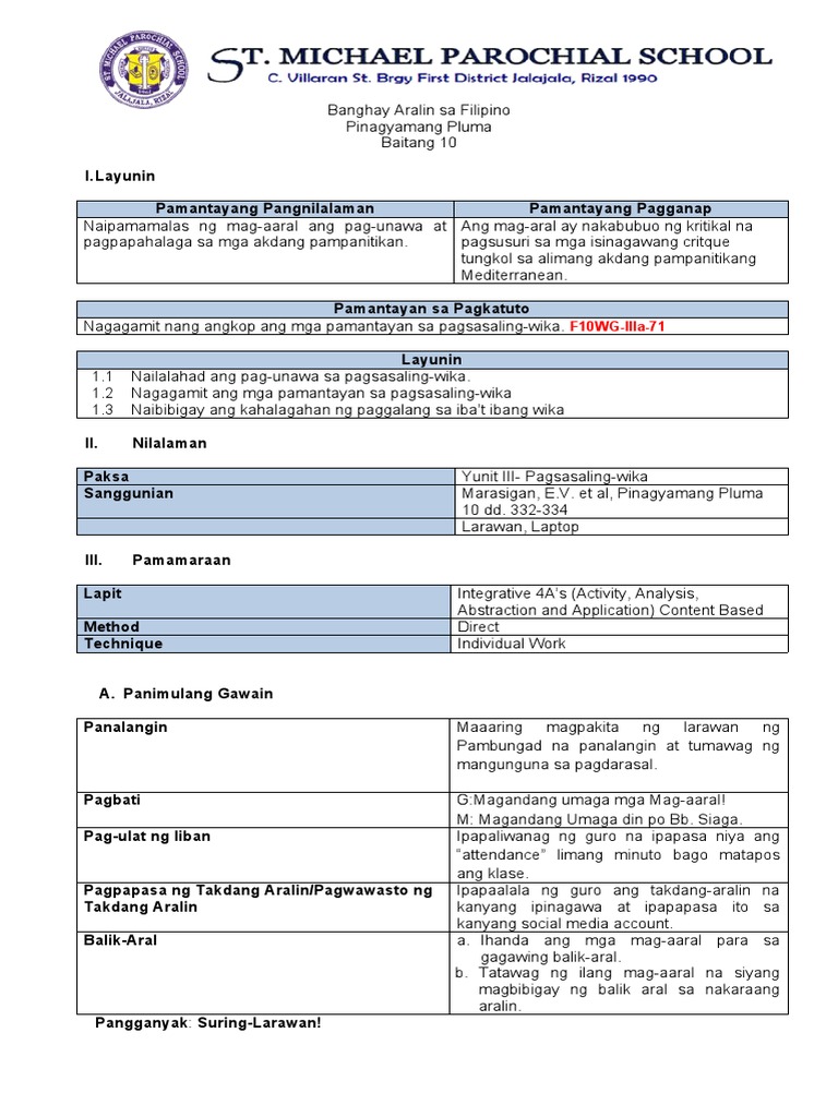 Lesson Plan FILIPINO 10 | PDF