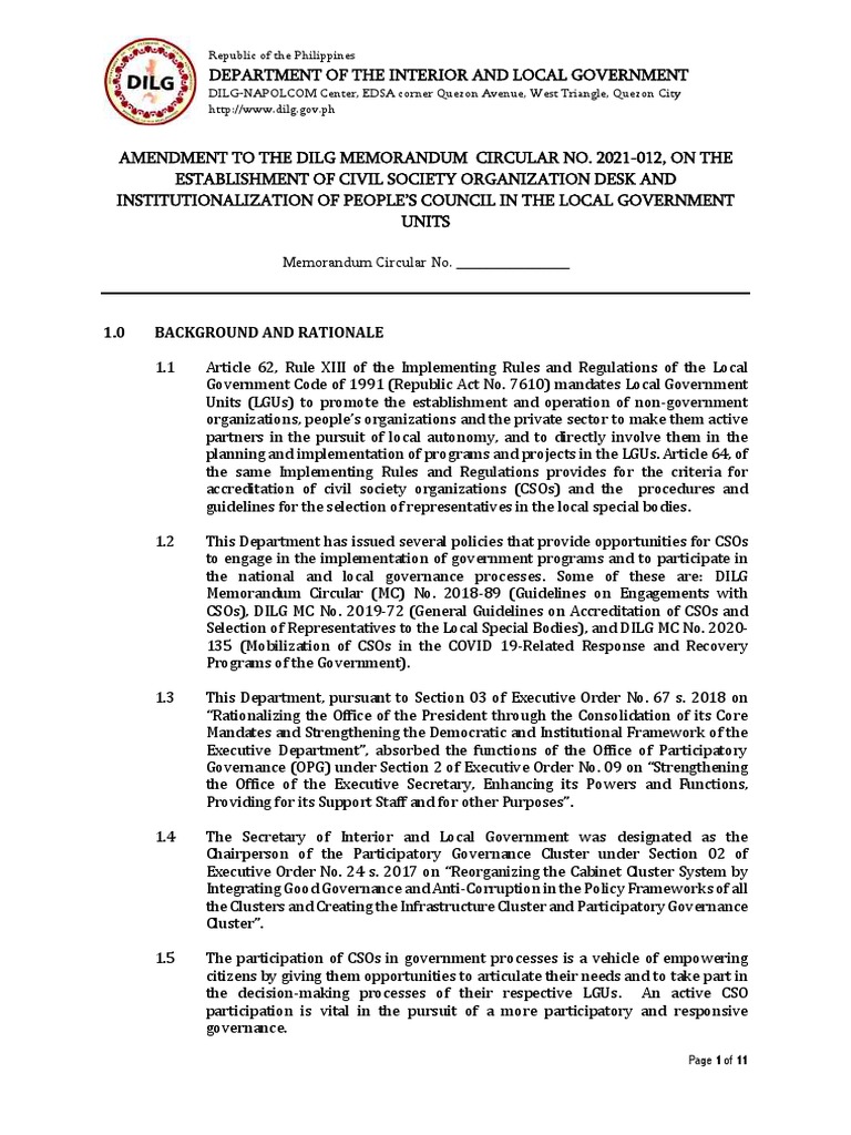 Revised DILG Guidelines for CSO Desks | PDF | Governance | Non ...