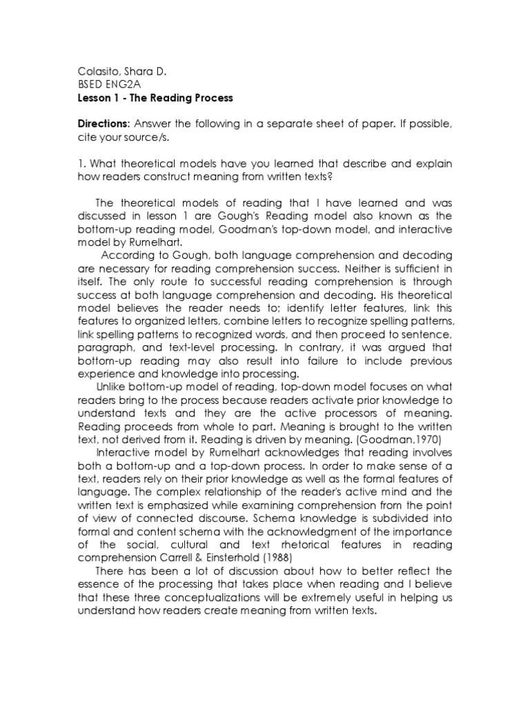 Lesson 1 - The Reading Process Directions: Answer The Following in A ...