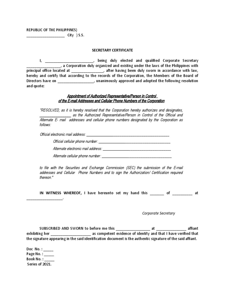 Secretary's Certificate - SEC Authorized Representative & E-Mail ...