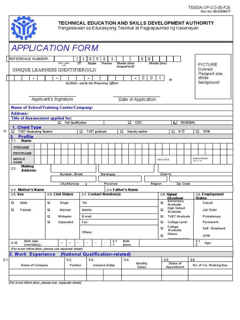 Application Form: Technical Education and Skills Development Authority ...