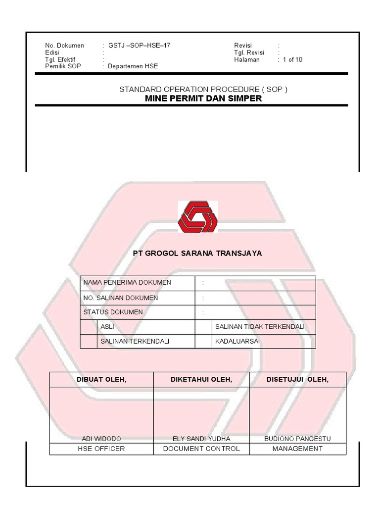 GROGOL-SOP-HSE-17 - Mine Permit Dan Simper | PDF