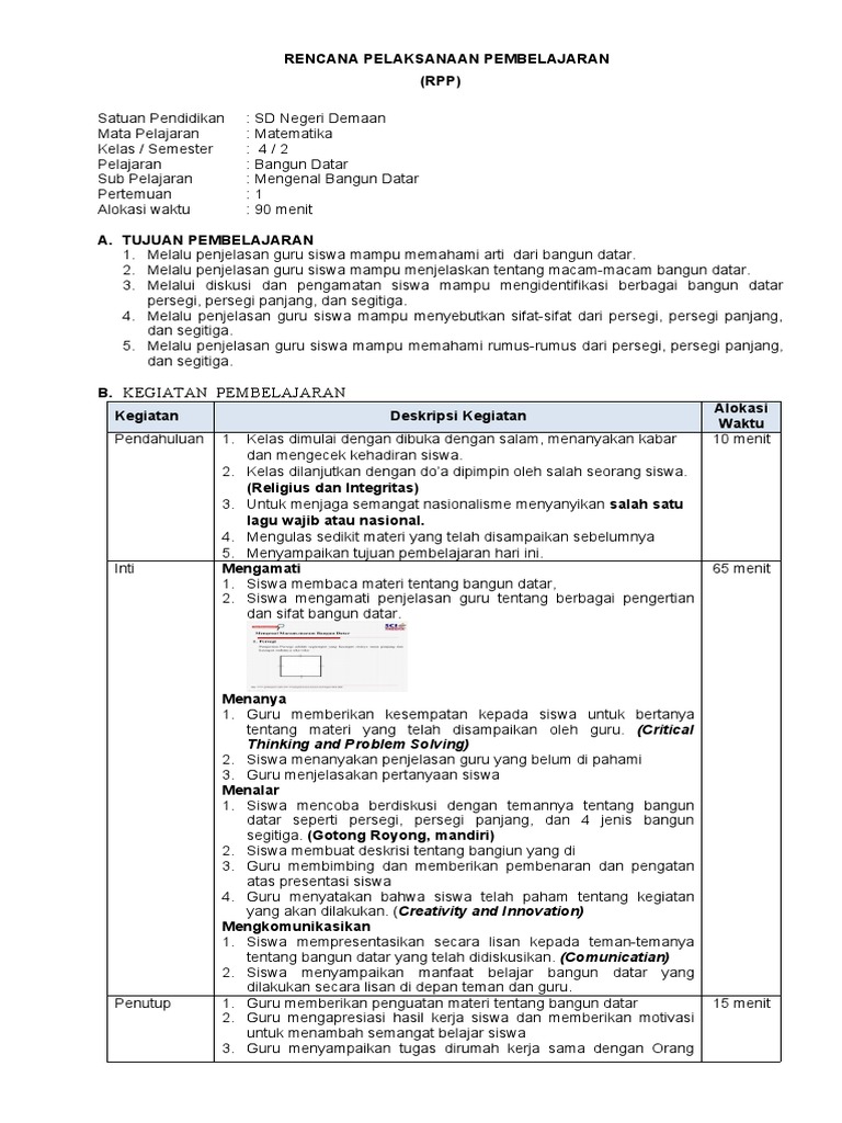 RPP MTK Kelas 4 SM 2 - Bangun Datar | PDF