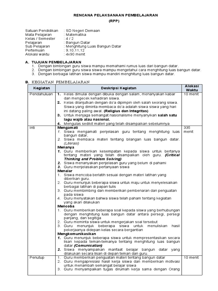 RPP MTK Kelas 4 SM 2 - Menghitung Luas Bangun Datar | PDF