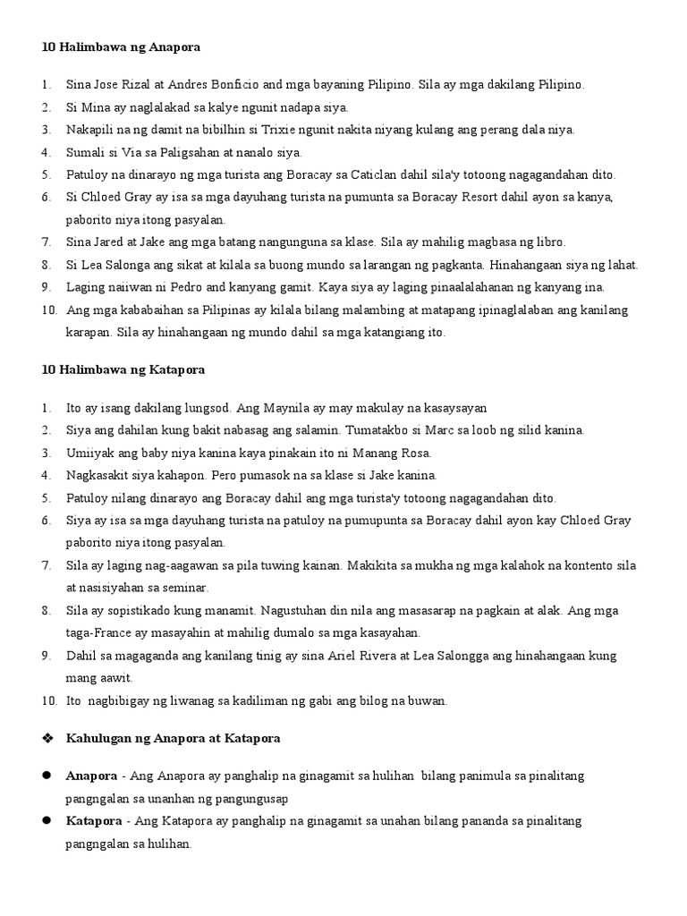 10 Halimbawa NG Anapora | PDF
