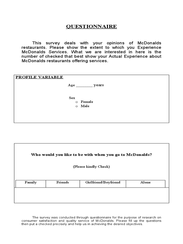 Questionnaire: Profile Variable | PDF | Fast Food | Mc Donald's