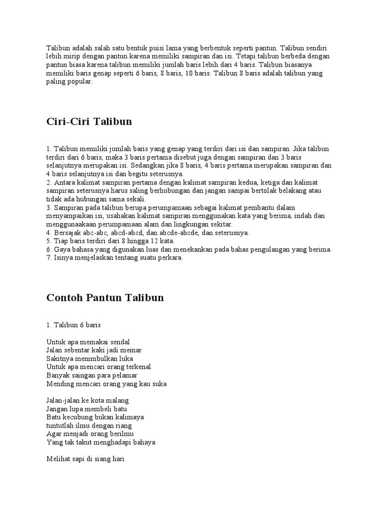 Ciri-ciri dan Contoh Talibun | PDF