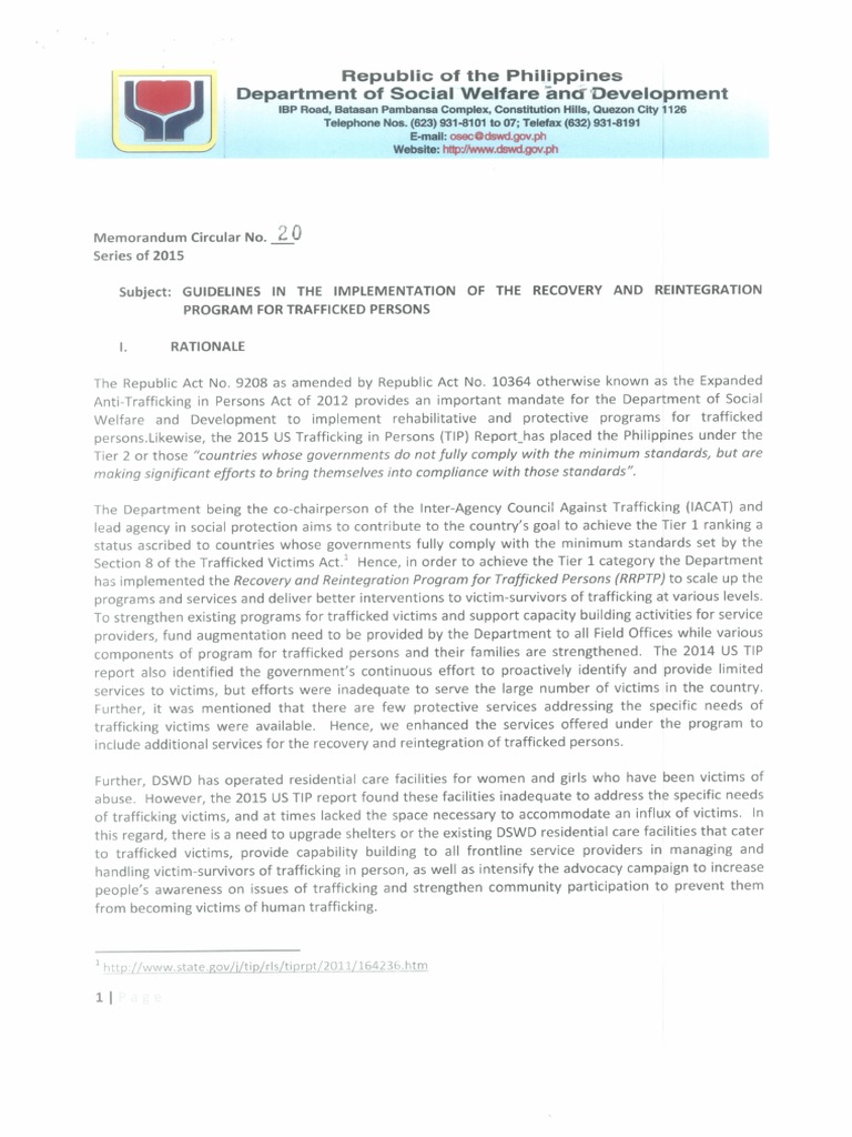 DSWD Memorandum Circular No. 20 Series of 2015 | PDF