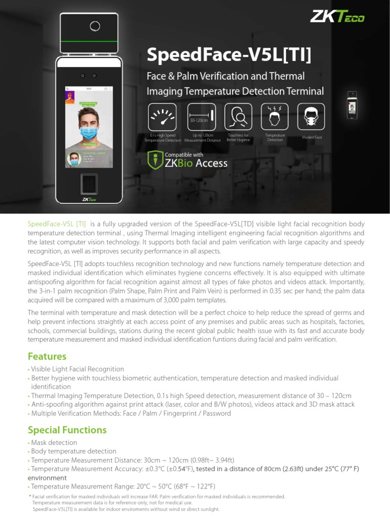Speedface-V5L (Ti) : Face & Palm Verification and Thermal Imaging Temperature Detection Terminal ...