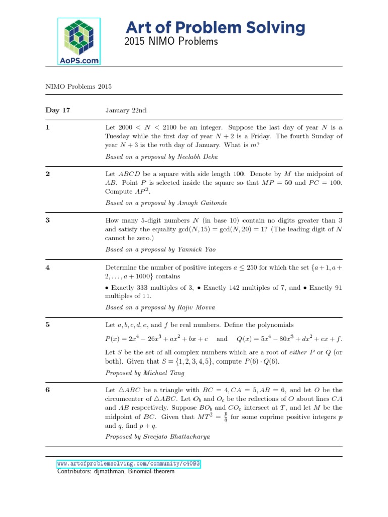 2015 NIMO Problems: Contributors: Djmathman, Binomial-Theorem | PDF | Number Theory | Euclidean ...