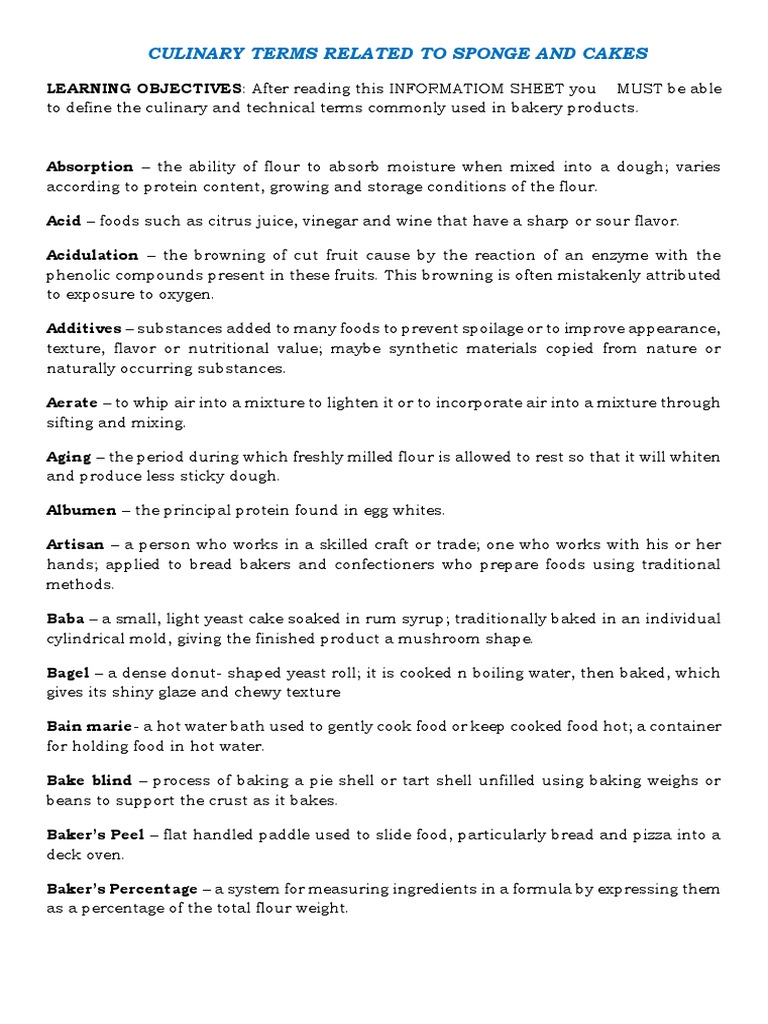Culinary Terms Related To Sponge and Cakes | PDF | Breads | Baking