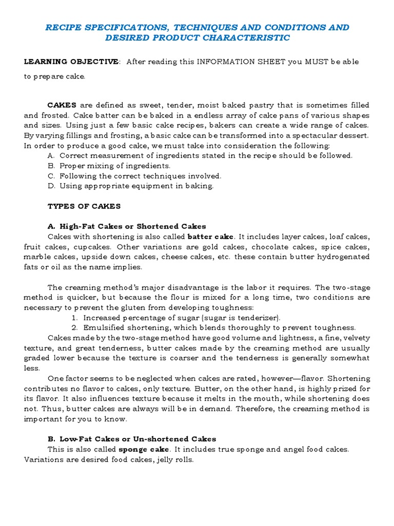 Recipe Specifications | PDF | Cakes | Butter