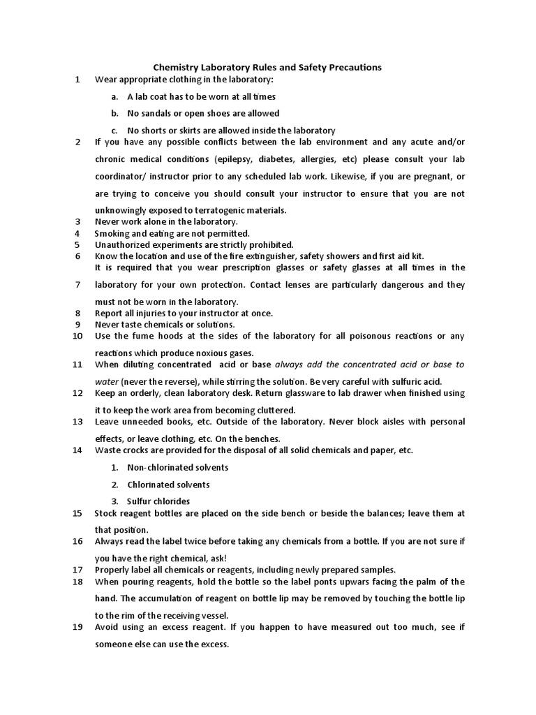 Chemistry Laboratory Rules and Safety Precautions | PDF | Laboratories ...