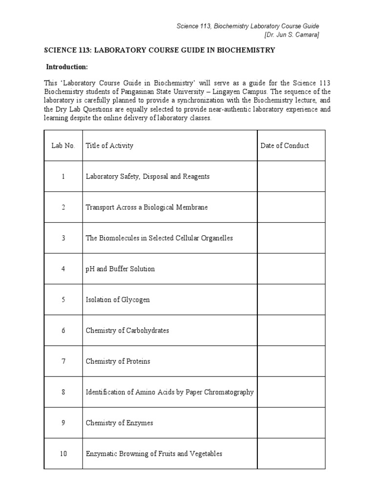 Science 113 - Laboratory Course Guide in Biochemistry | PDF ...
