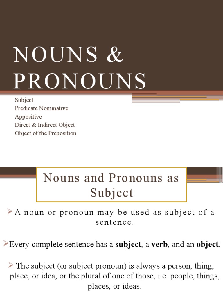 Nouns & Pronouns: Subject Predicate Nominative Appositive Direct ...