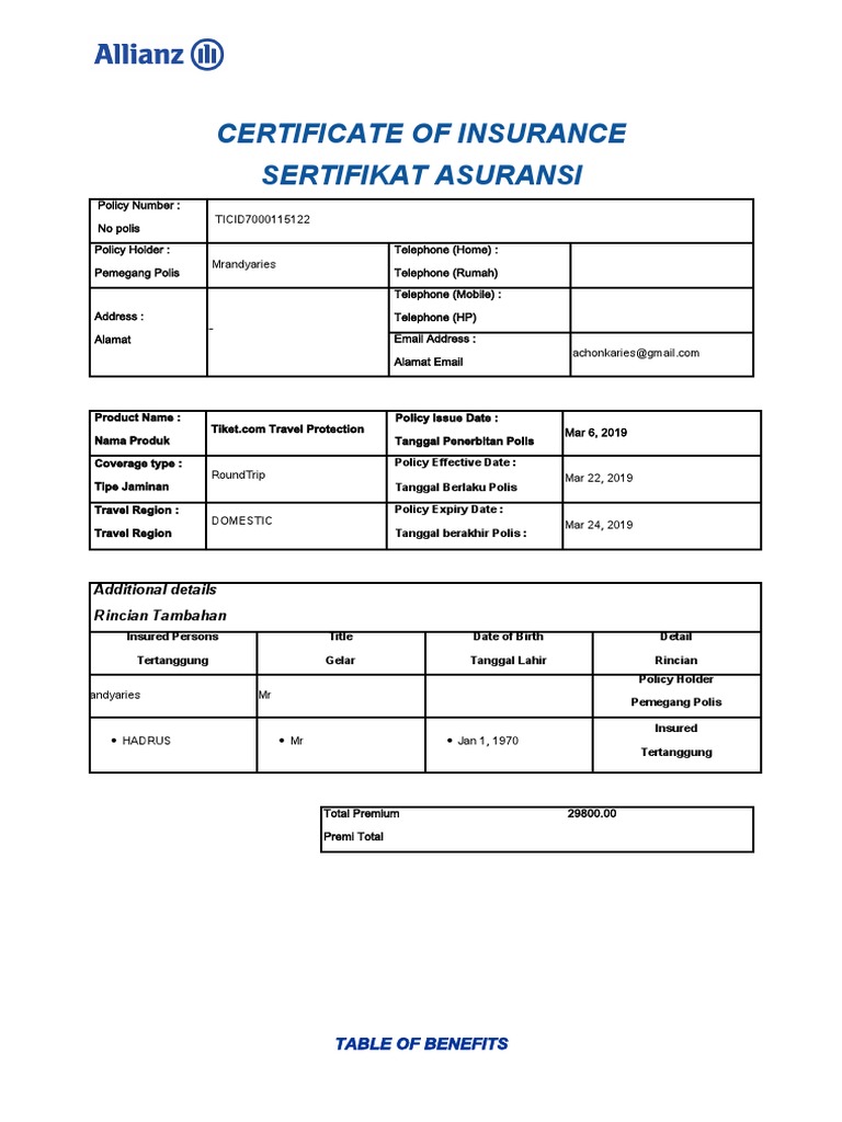 Certificate of Insurance Sertifikat Asuransi: Additional Details ...