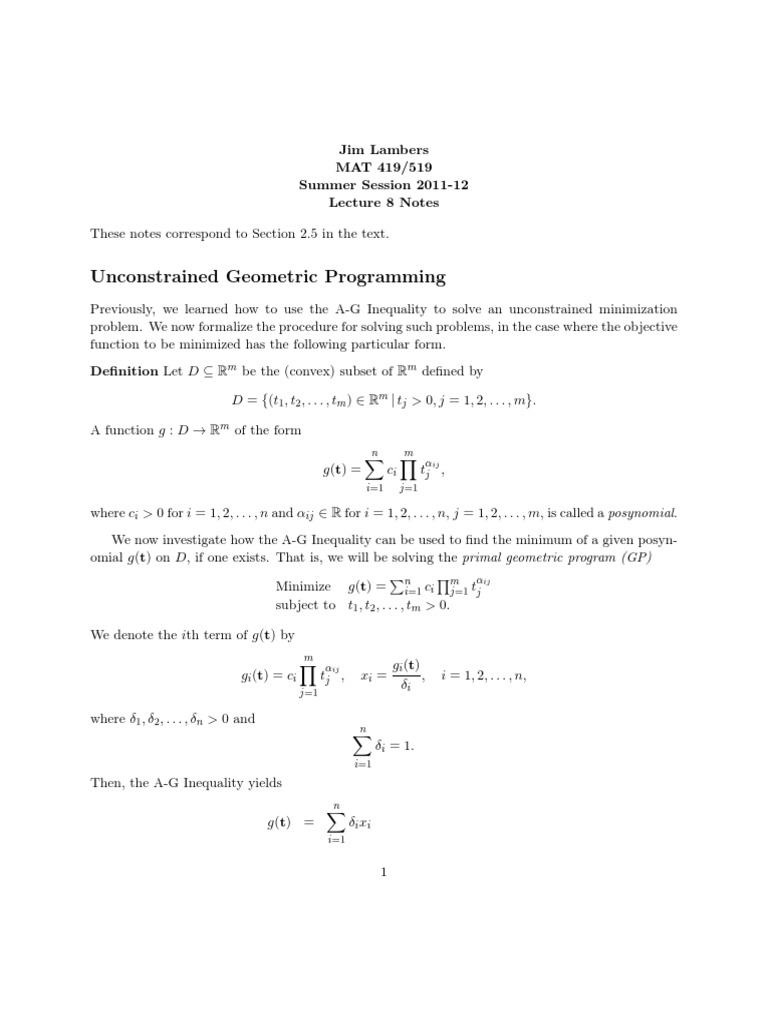 Chap2 Lec5 Unconstrained Geometric Programming Pdf Vector Space Equations