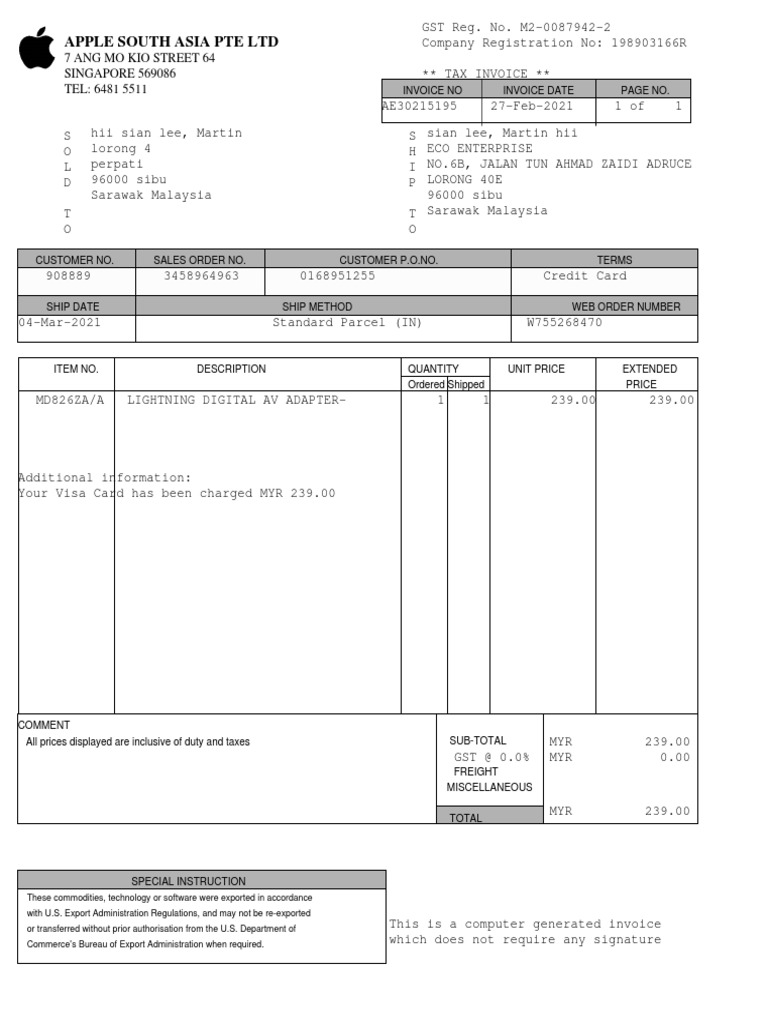 Apple South Asia Pte LTD: 7 Ang Mo Kio Street 64 SINGAPORE 569086 TEL ...