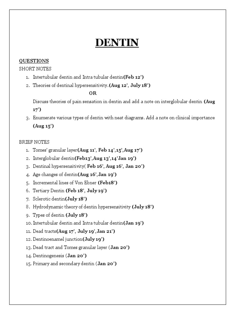 Dentin: Questions | PDF | Dentin | Tooth