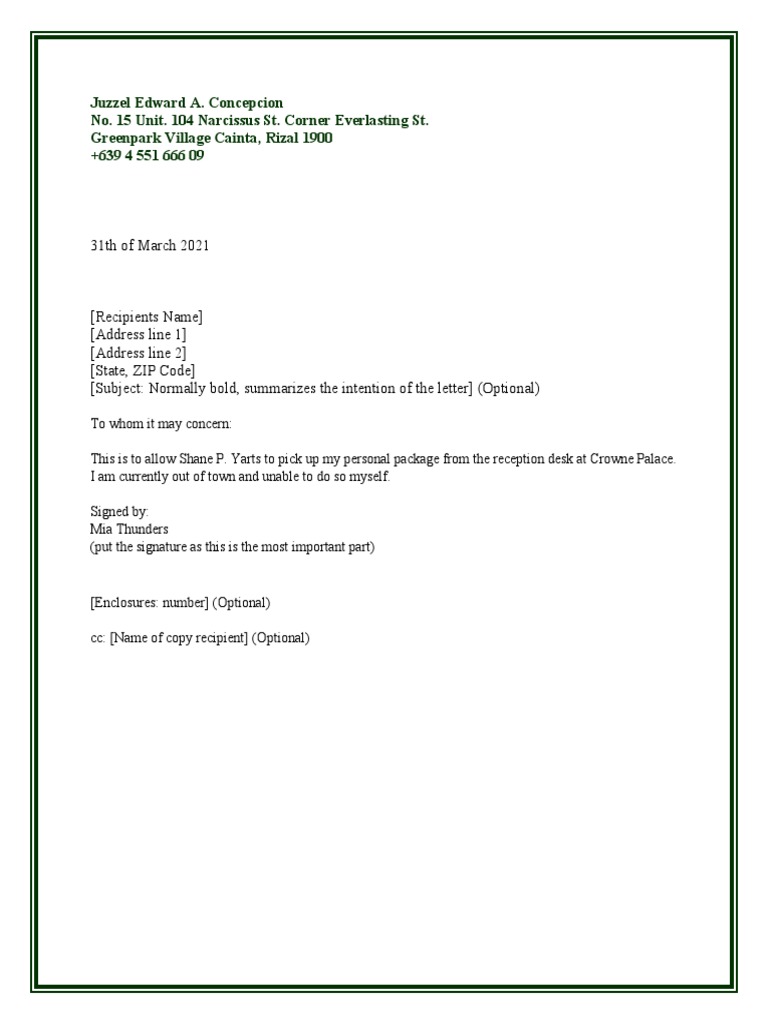 Authorization Letter Sample To Pick Up | PDF