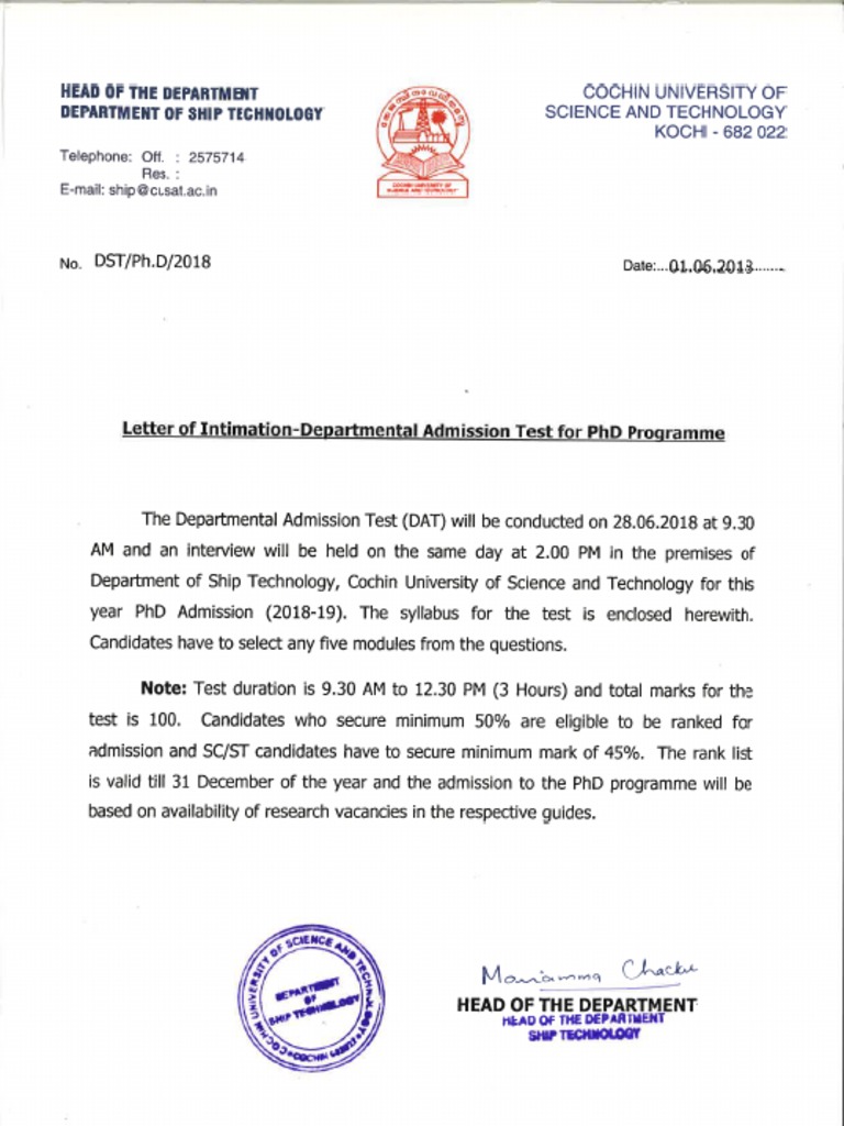 PHD DAT Intimation Letter | PDF