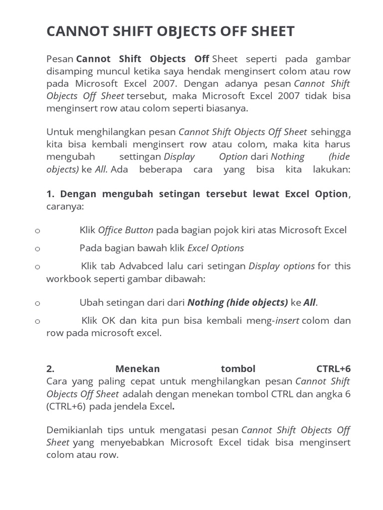 Cannot Shift Objects Off Sheet Pada Excell Pdf