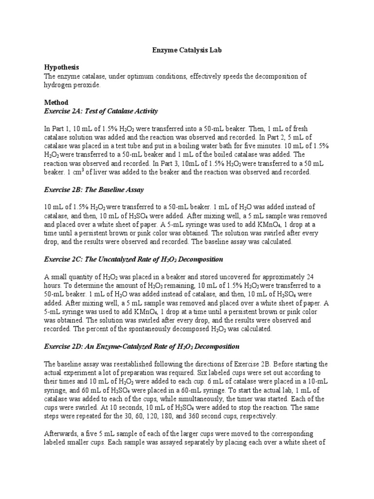 Enzyme Catalysis Lab Hypothesis Exercise 2a Test Of Catalase Activity