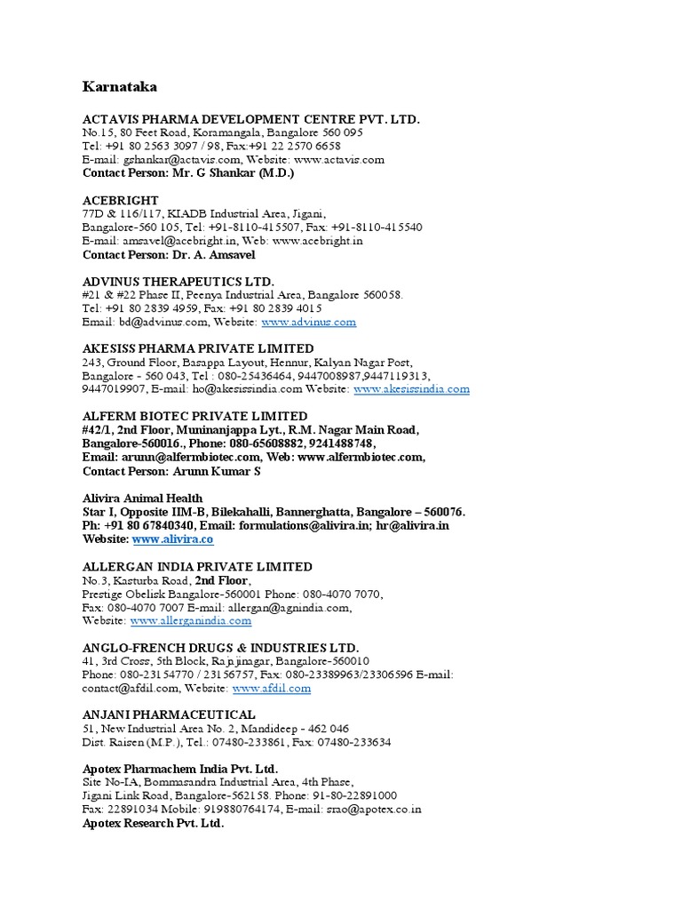 KARNATAKA Pharma Companies With Mail Ids | PDF | Industries | Pharmaceutical Industry