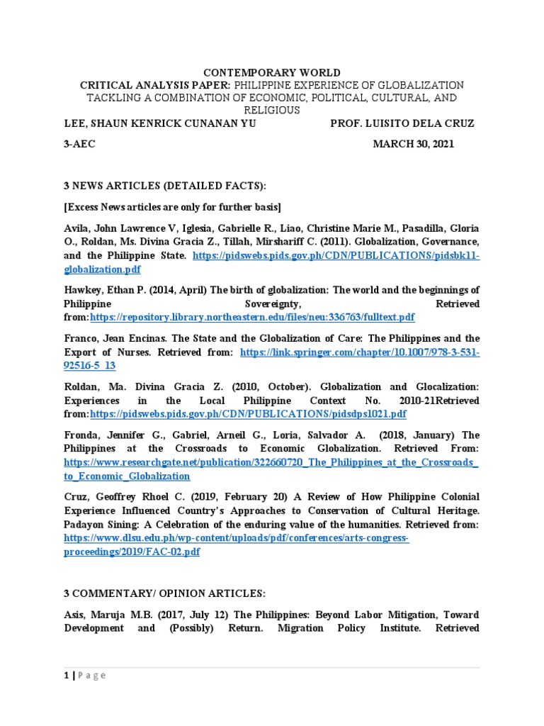 Cworld Midterm Paper (FINAL) | PDF | Philippines | Globalization