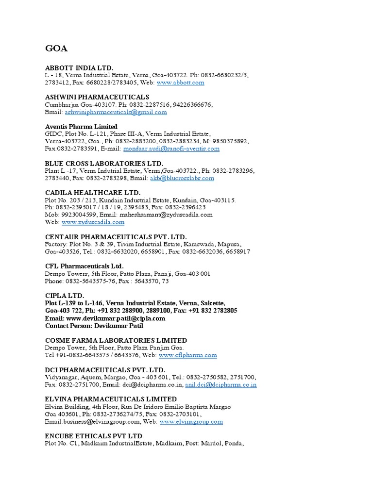 GOA Pharma Companies | PDF | Companies | Biotechnology