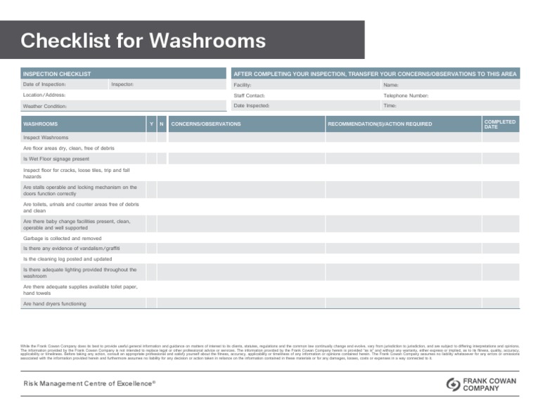 Washroom Inspection Checklist | PDF | Bathroom | Business